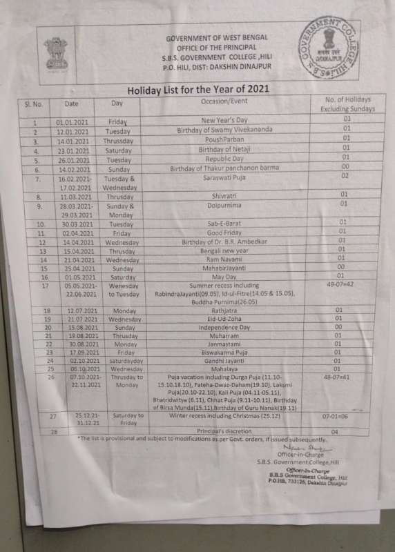 Holiday list for the Year